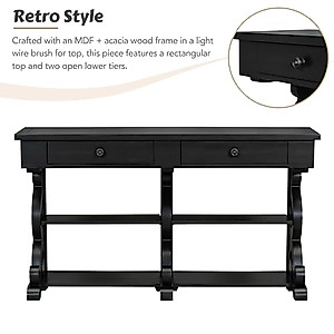 Retro Wood Console Table with Ample Storage, Classic Sideboard with 2 Drawers and Open Adjustable Shelves for Entrance Dinning Room Living Room Corridor Hallway (Antique Black-pzm3)
