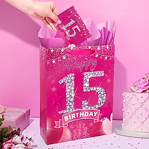 15th Birthday Gift Bag for 15 Year Old Teen Girls Sweet 15 Gift Bag with Card and Tissue Paper Pink 15th Birthday Wrapping Paper Bag 15th Birthday Decorations for Girls 15 Years Old Girl Gift Ideas