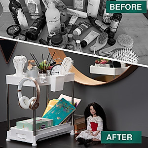 MrSmartSpace Under Sink Organizers and Storage, Adjustable Height 2 Tier Sliding Bathroom Basket, Under Cabinet Storage Shelf, Kitchen Storage Rack with Hooks, Hanging Cup, Dividers, White