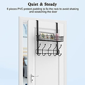 MILIJIA Coat Rack, Over The Door Hanger with Mesh Basket, Detachable Storage Shelf for Towels, Hats, Handbags, Coats (Black)