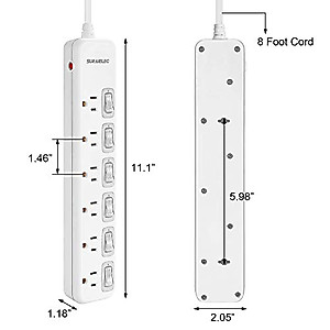 Suraielec Power Strip Individual Switches, 8 FT Long Flat Plug Extension Cord, 6 Outlet Surge Protector with On Off Switches for Each Outlet, 15 AMP Safety Circuit Breaker, Wall Mountable