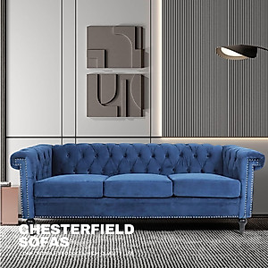 KUVENQIW Modern Chesterfield Sofa Fabric Couch.Button Tufted Nailhead upholstered Three-Seater Sofa for Living Room, Bedroom, Office Lounge.Comfortable and Durable.(Blue)
