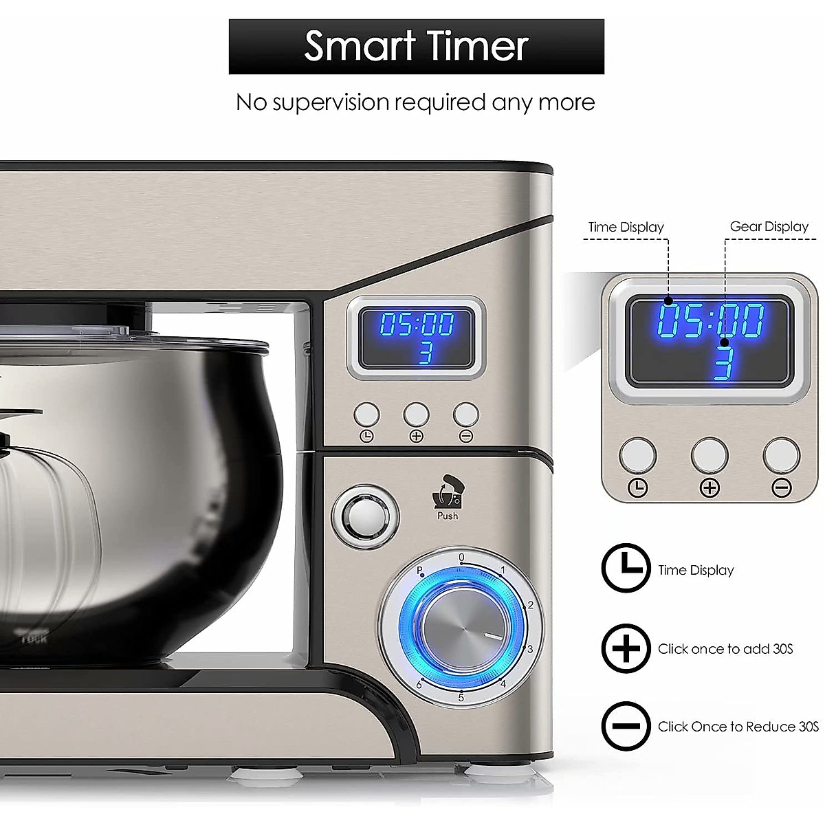 Stand Mixer, Stainless Steel Mixer 5.3-QT LCD Display Food Mixer, 6+P Speed itchen Electric Mixer Tilt-Head Mixer with Stainless Steel Bowl, Dough Hook, Beater, Whisk