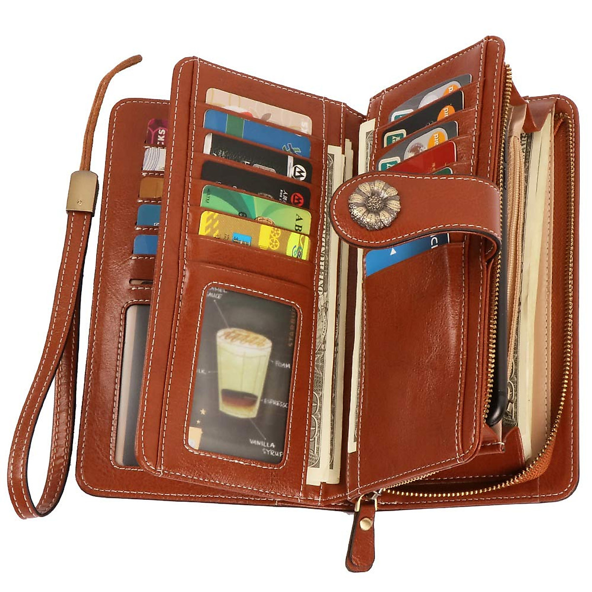 Pearl Angeli Women Wallet Genuine Leather Charming Ladies Wristlet Tri-fold Rfid Blocking Credit Card Holder Organizer Clutch（Brown）