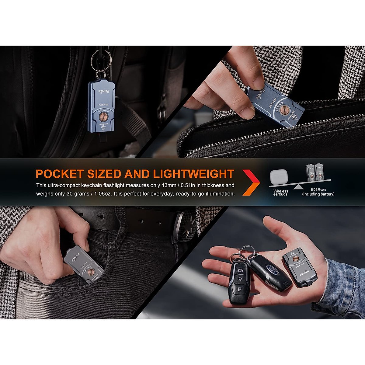 Fenix E03R v2.0 Keychain Flashlight, Grey, 500 Lumen Bright USB-C Rechargeable EDC with Red LED and Lumentac Organizer (Grey)
