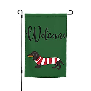 Garden Flags Dachshund Wearing Striped Sweater Premium Yard Flag Cute Pet Animal Dog Green Background Design Holiday Party Flag Outdoor Farmhouse Decor Home Porch Flags 12 x 18inch