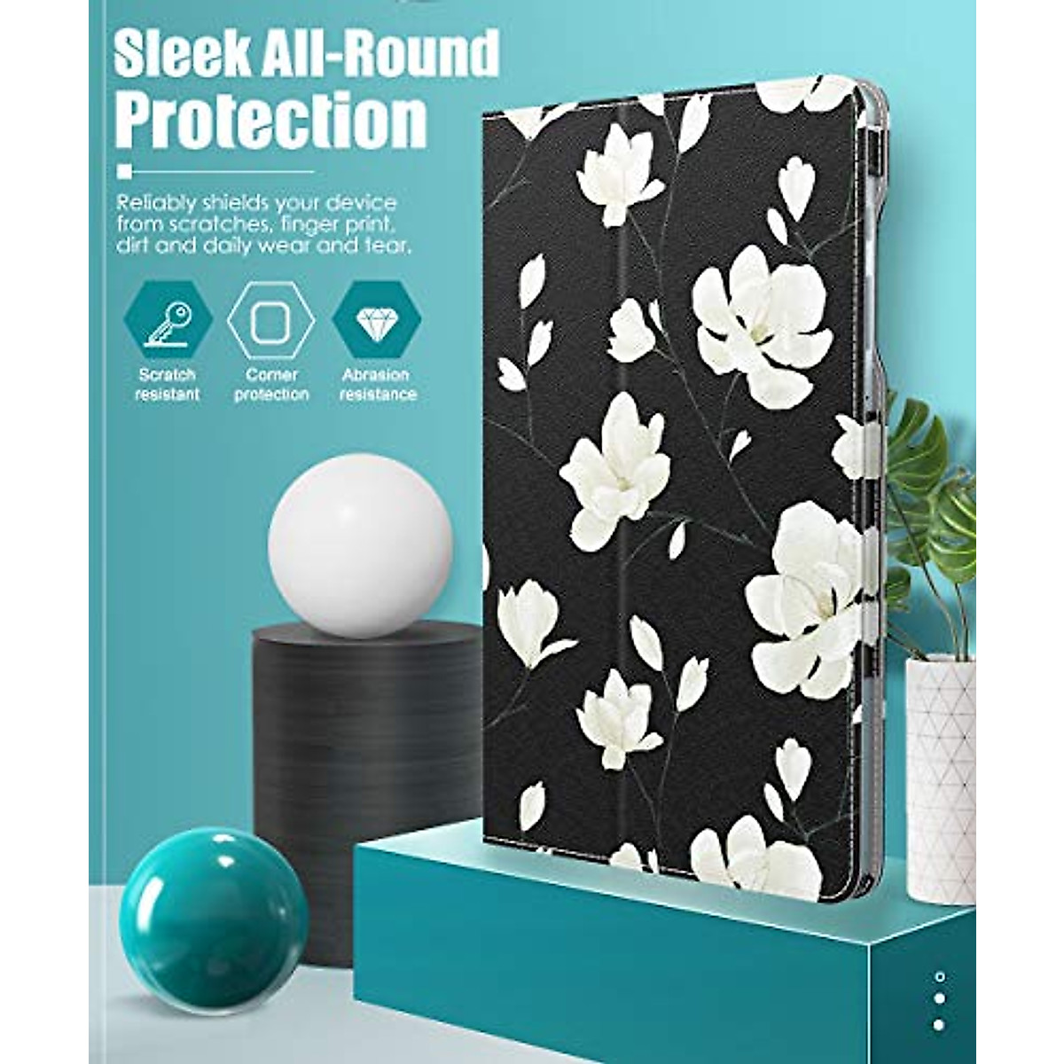 MoKo Case Compatible with Galaxy Tab S6 Lite 2020, Slim PU Tablet Shell Cover Stand Case with Auto-Wake S-Pen Holder Fit Samsung Galaxy Tab S6 Lite 10.4 2020 SM-P610/P615 ONLY - Black & White Magnolia