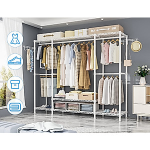 Ulif E3 Heavy Duty Garment Rack, 4 Tiers Freestanding Closet Organizer System with 5 Shelves, Metal Closet Organizer and Storage System for Clothes, Max Load 650lbs, 57.1"W x 14.5"D x 77.3"H, White