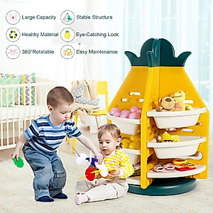 Costzon Kids Toy Storage Organizer, 3-Tier 360° Rotating Toy Shelf w/ 8 Bins & 4 Shelves, Toddler Book Rack Furniture for Kids Room Playroom, Easy Assemble Bookcase for Boys Girls, Pineapple Shape