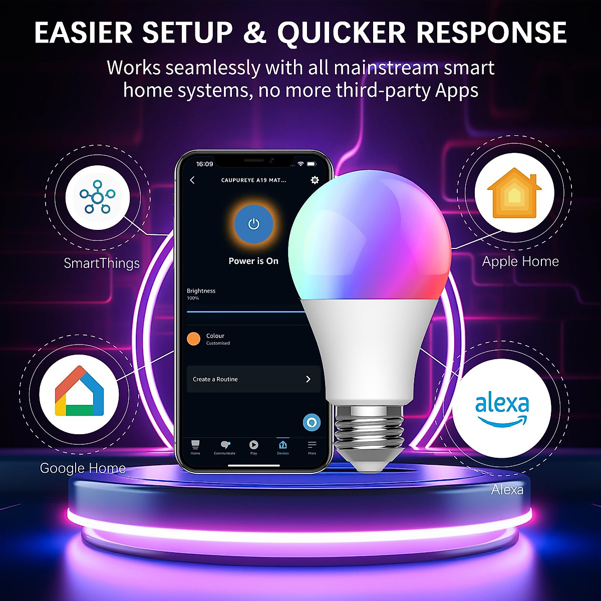 Caupureye Light Bulbs with Matter, Smart Light Bulbs, WiFi Led Light Bulb Works with Alexa/Google Home/Apple Home/SmartThings, Hub Required, Smart Bulb, Color Changing Light Bulb, A19, E26, 1 Pack