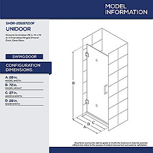 DreamLine Unidoor 28 in. W x 72 in. H Frameless Hinged Shower Door in Brushed Nickel, SHDR-20287210F-04