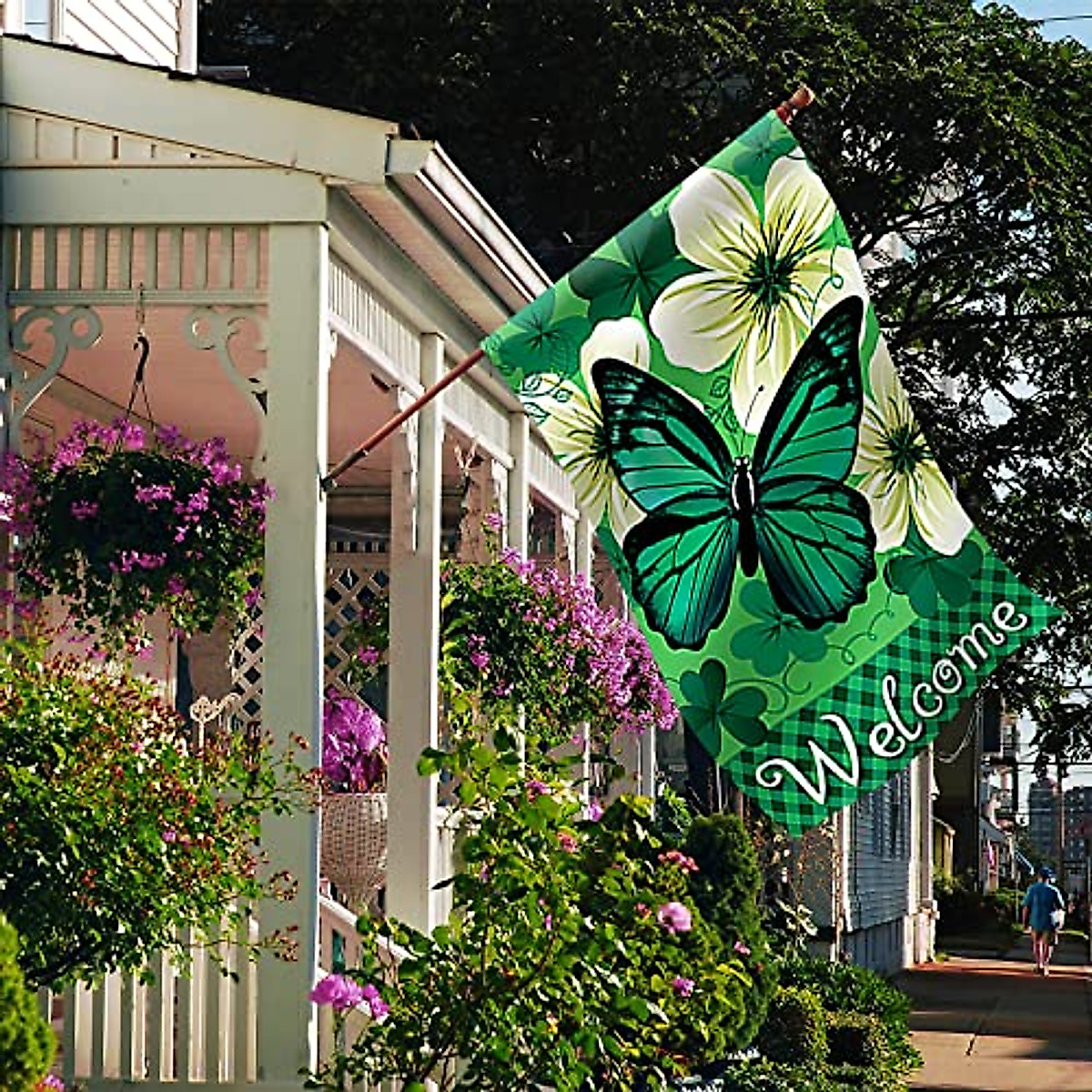 Morigins Welcome Clover Butterfly House Flag Decorative St.Patrick's Day Double Sided Flag 28 X 40 Inch