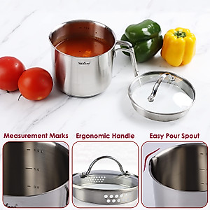 Stainless Steel Saucepan with Glass Lid, Multipurpose 1.5 Quart Sauce pan Sauce Pot with Straining Cover & Pour Spouts for Boiling Milk, Sauce, Gravies, Pasta, Noodles