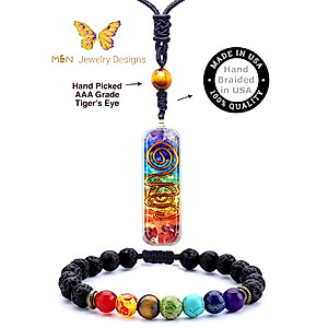 M&N Jewelry Designs Crystals and Healing Stones - 7 Healing Energy Chakra Stones, Natural Tiger Eye, Adjustable (Necklace and Bracelet)