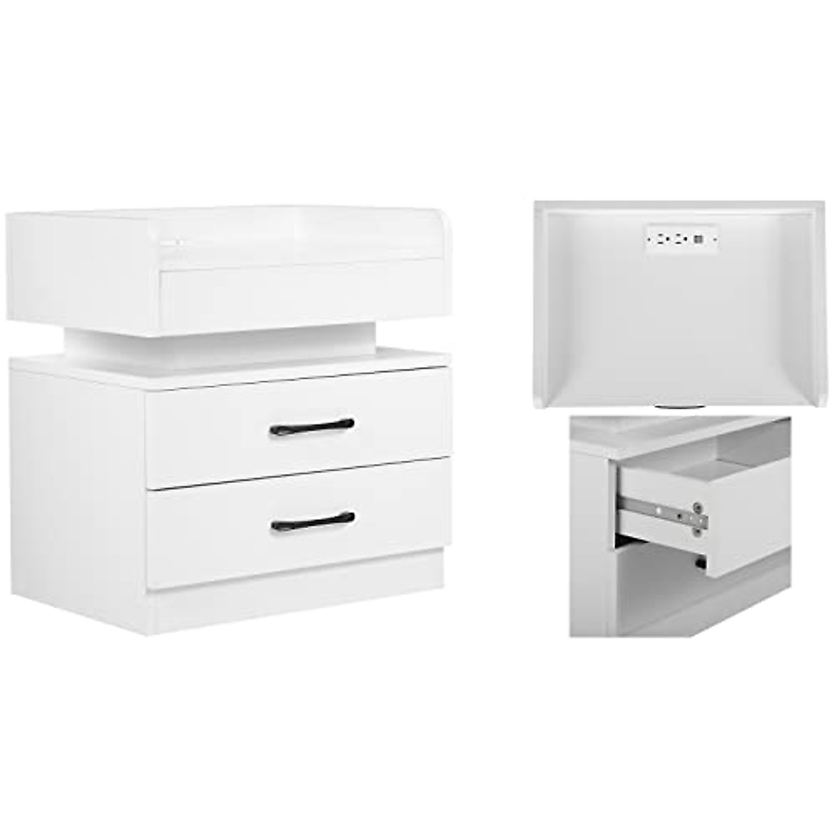LED Nightstand with Charging Station, White Night Stands with USB Charging Ports and LED Lights, Modern Wooden Bedside Table with 2 Drawers, Small End Side Table with Drawers for Bedroom, Living Room