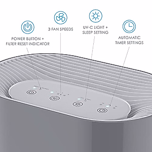 Pure Enrichment® PureZone™ Air Purifier for Bedroom & Living Room, 3-Stage Filtration & UV-C Light, H13 HEPA Filter Helps Remove Bacteria, Pet Hair Dander, Allergens, Germs, Smoke, Dust (Gray)