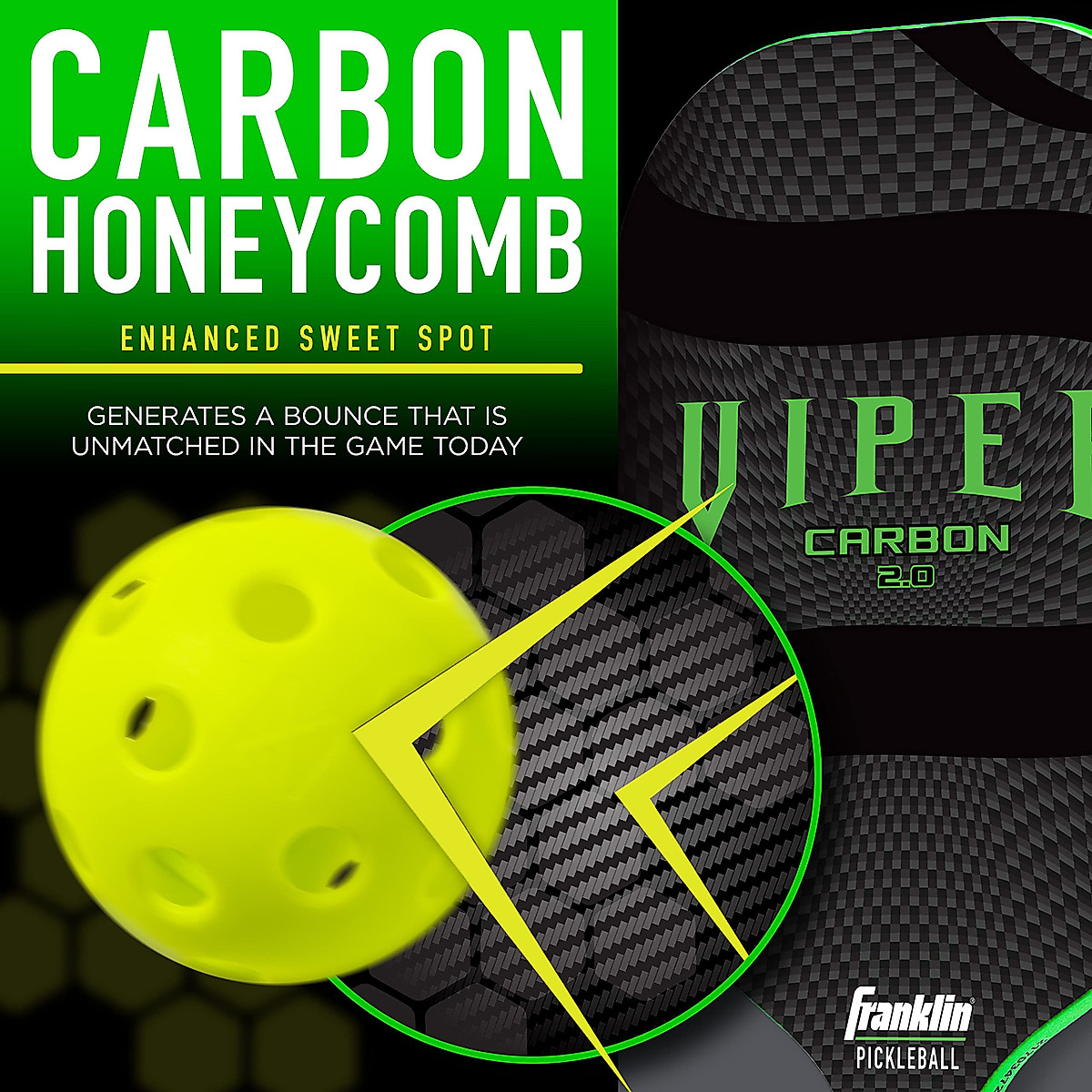 Franklin Sports Pickleball Paddle - Viper Carbon Fiber Core Pickleball Paddle - USA Pickleball (USAPA) Approved Paddle - 13mm Carbon Fiber Core,Green