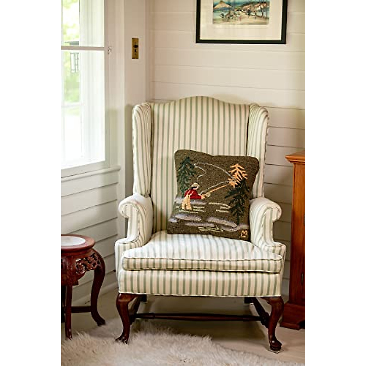 Chandler 4 Corners Artist-Designed Fly Fisherman Hand-Hooked Wool Decorative Throw Pillow (18” x 18”) Lake & Lodge Pillow for Couches & Beds - Easy Care & Low Maintenance - Fishing Pillow for Cabins