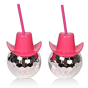 2 Pcs,Disco Ball Cups,Fashionable Pink Disco Ball Cowboy Hat,Disco Ball Cup with straw for Christmas Day,Halloween,Achelorette Party,New Year’s Eve,Birthday Party,Reusable And Removable