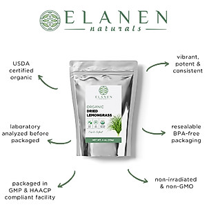 Organic Dried Lemongrass Tea 4 oz. (113g), USDA Certified Organic Lemon Grass Herbs Leaf, Lemin Grass, Te De Limon, Fever Grass, Lemingrass Loose Leaves, Dried Lemongrass Bulk