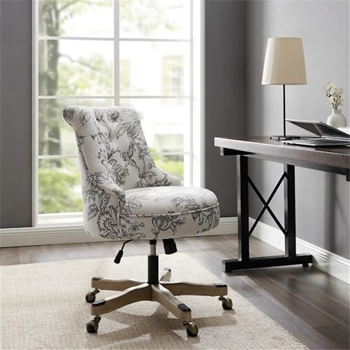 Linon Sinclair Wood Base Adjustable Rolling Office Chair in Floral Gray Fabric