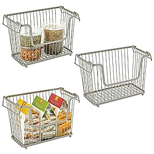 mDesign Wire Basket — Multipurpose Organiser Basket with Adjustable Handles — Stackable Bathroom and Kitchen Storage Solution — Set of 3 — Matte Silver