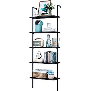 ODK 5-Tier Ladder Shelf, 74 Inches Wall Mounted Ladder Bookshelf with Metal Frame, Open Industrial Shelves for Home Office, Bedroom and Living Room, Black