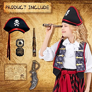 Joy Bang alloween Pirate Costume Kids, Girls Dress Up Pretend Role Play Party for Toddlers, Buccaneer Top Princess Skirt Waist Belt with Accessories
