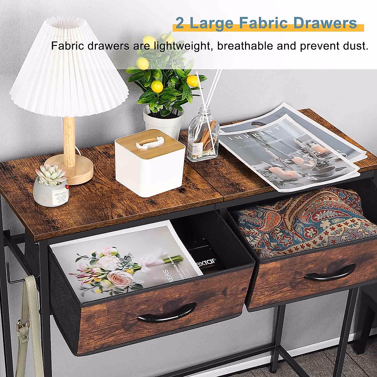 BTY Narrow Console Table Small Entryway Table Industrial + Narrow Console Table with 2 Drawers Small Industrial Entryway Table with Drawers