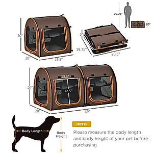 PawHut 39" Portable Soft-Sided Pet Cat Carrier with Divider, Two Compartments, Soft Cushions, & Storage Bag, Brown