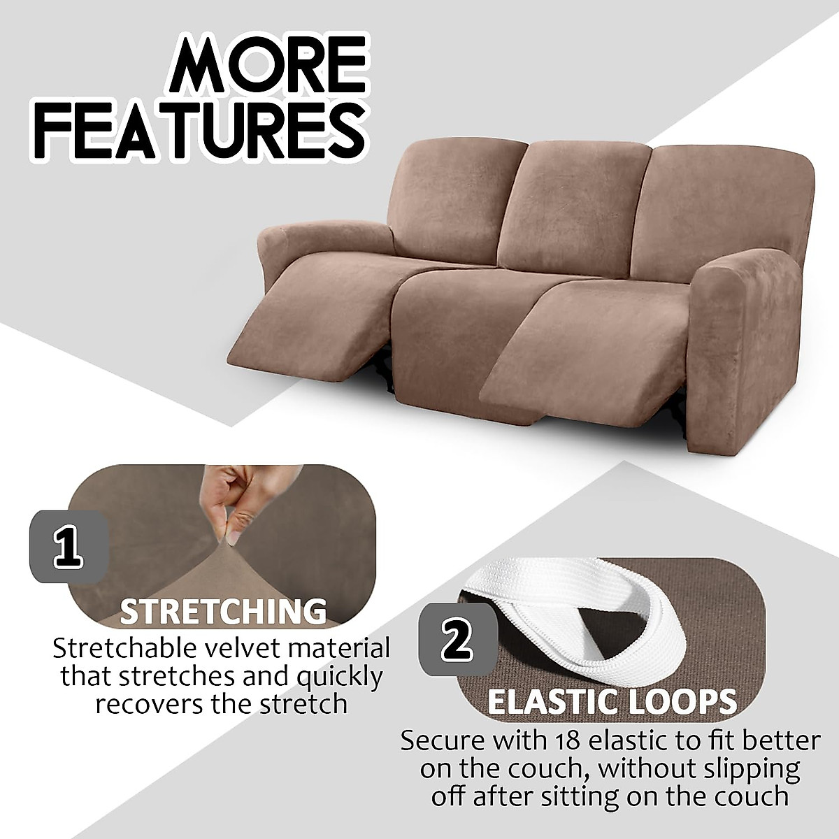 ULTICOR Velvet 8-Pieces Recliner Sofa Covers Stretch Reclining Couch Covers for 3 Cushion Reclining Sofa Slipcovers Furniture Covers Thick Soft Washable (3 Seater Recliner Cover, Sand)