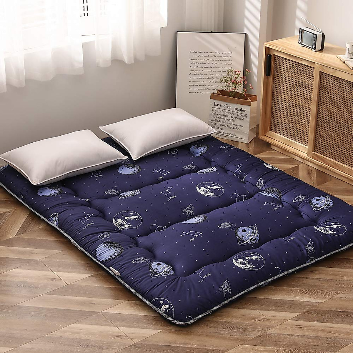 Navy Space Adventure Japanese Floor Futon Mattress, Thicken Tatami Mat Sleeping Pad Foldable Bed Roll Up Mattress Floor Lounger Bed Couches and Sofas for Kids Queen Size