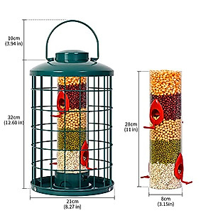 Mosloly Caged Bird Feeder for Wild Birds Outside, Large Squirrel-Proof Heavy-Duty Metal Hanging Tube Bird Feeder, 4 Feeding Ports, 13.2'' High, 3LB Seed Capacity (Green)