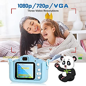 Ainiv Kids Selfie Camera with Unicorn Silicone Cover, Digital Camera with Photo Stickers and Puzzle Games, Boys and Girls Gifts, with 32GB SD Card, IPS Screen 1080P Video Camcorder - Blue