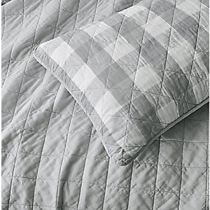 Chezmoi Collection 3-Piece Gray White Plaid Cotton Quilt Set - Buffalo Check Solid Reversible Bedspread - Pre-Washed Cotton Lightweight Coverlet, King Size