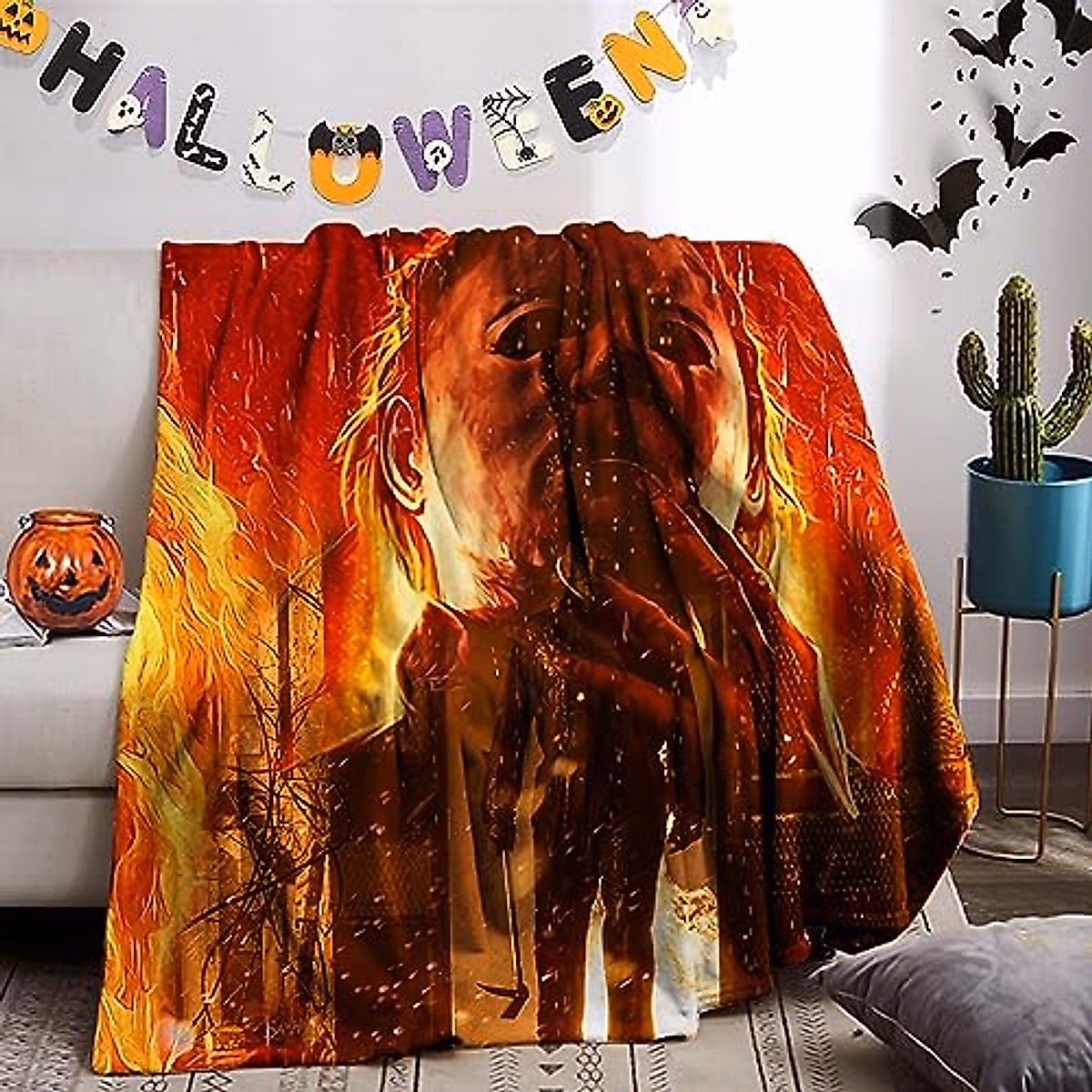 Michael Myers Blanket, Horror Movie Throw Blanket, Halloween Flannel Cozy Plush Blanket for Bed Couch Bedroom (Yellow-Flannel, 50x60in)