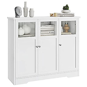 FOTOSOK Display Floor Cabinets with 3 Glass Doors For Storage, 15.75" D x 43" W x 37.5" H, Sideboard Buffet / Coffee Bar Cabinet for Kitchen, Dining Room, Living Room White