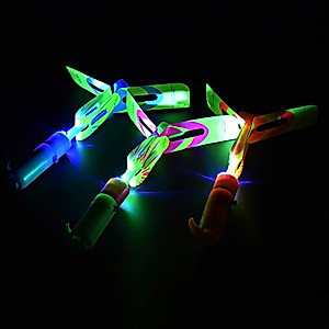 Rocket Slingshot Flying Toys with Led Lights - 12 Pcs Slingshot Toy for Kids, Summer Outdoor Game LED Slingshot with 12Pcs Launchers + 12Pcs Arrow Helicopters, Glow in The Dark Kids Party Supplies