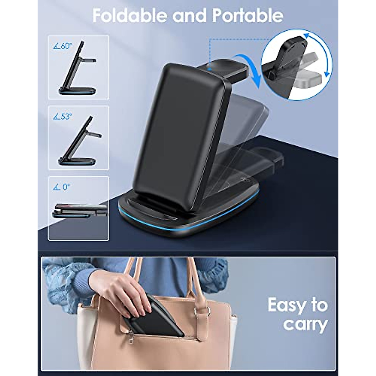 Wireless Charger 3 in 1, Foldable Fast Charging Station Compatible with Samsung Galaxy Watch 5 Pro/5/4/3/Active, S23 S23+ S22 S22+ S21 S20 Ultra FE/Note 20 10 9/ Z Flip Fold 4 3 2, Buds/2/Pro/Live