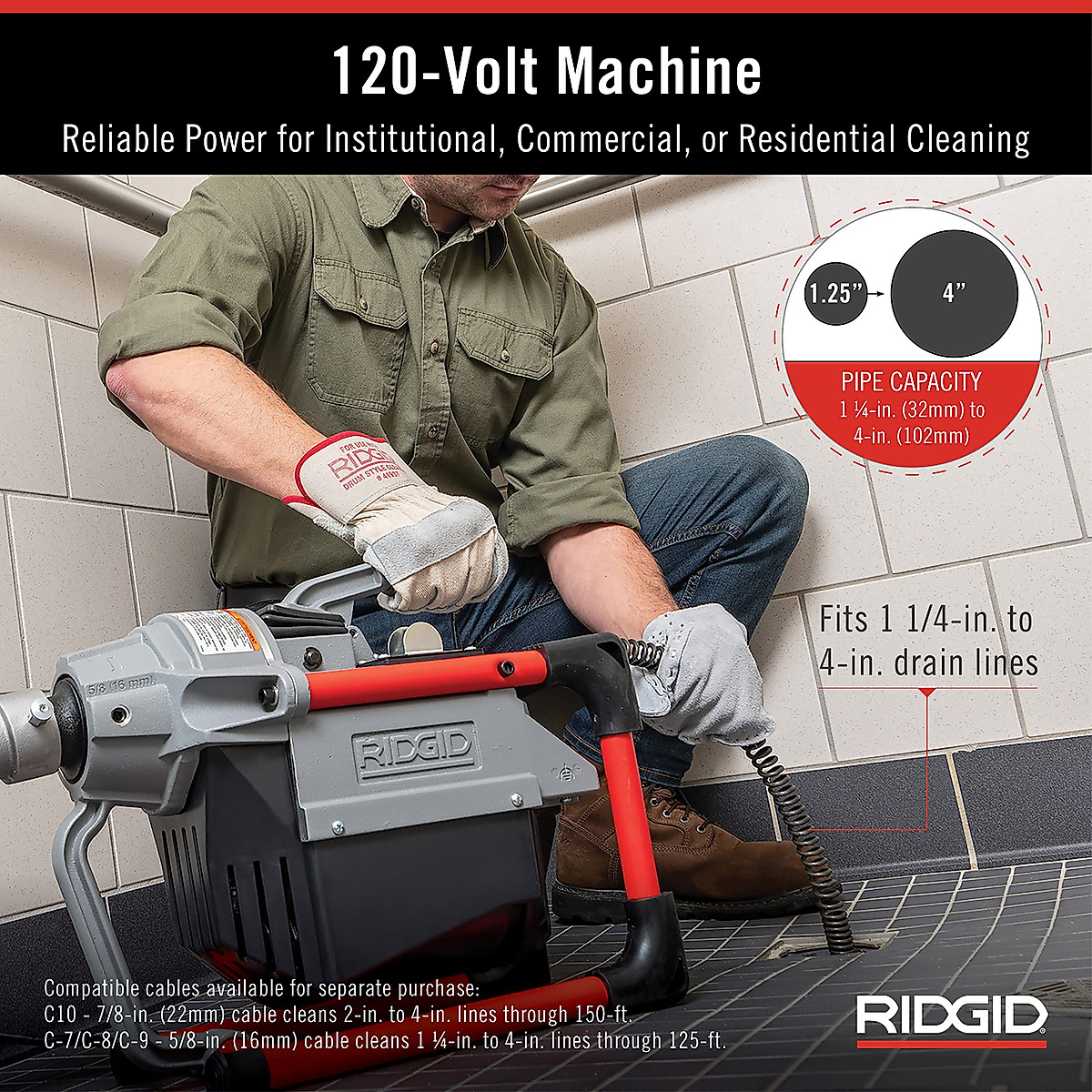 RIDGID 66492 Model K-60SP Compact 120-Volt Sectional Drain Cleaning Machine Kit & 62270 C-8 Sink Sectional Cables, Drain Cleaning Cables, Black