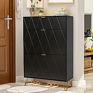 Scurrty 31.5'' 3-Tier Shoe Rack Entryway Cabinet Storage with Drawers, Adjustable Free Standing Shoe Shelf Organization for Closet Hallway with 4 Metal Legs Anti-Tipping Black…
