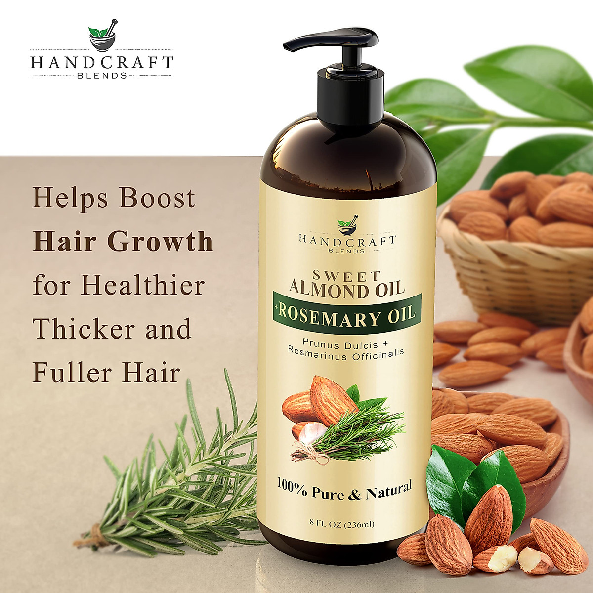 Handcraft Blends Sweet Almond Oil with Rosemary Oil - 8 Fl Oz - 100% Pure and Natural - Premium Grade Oil for Skin and Hair - Carrier Oil - Hair and Body Oil - Massage Oil
