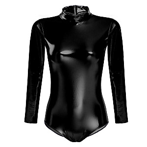 IBTOM CASTLE Women's Long Sleeve Mock Turtleneck Gymnastics Dance Leotard One Piece Shiny Metallic Ballet Dance Bodysuits Black S