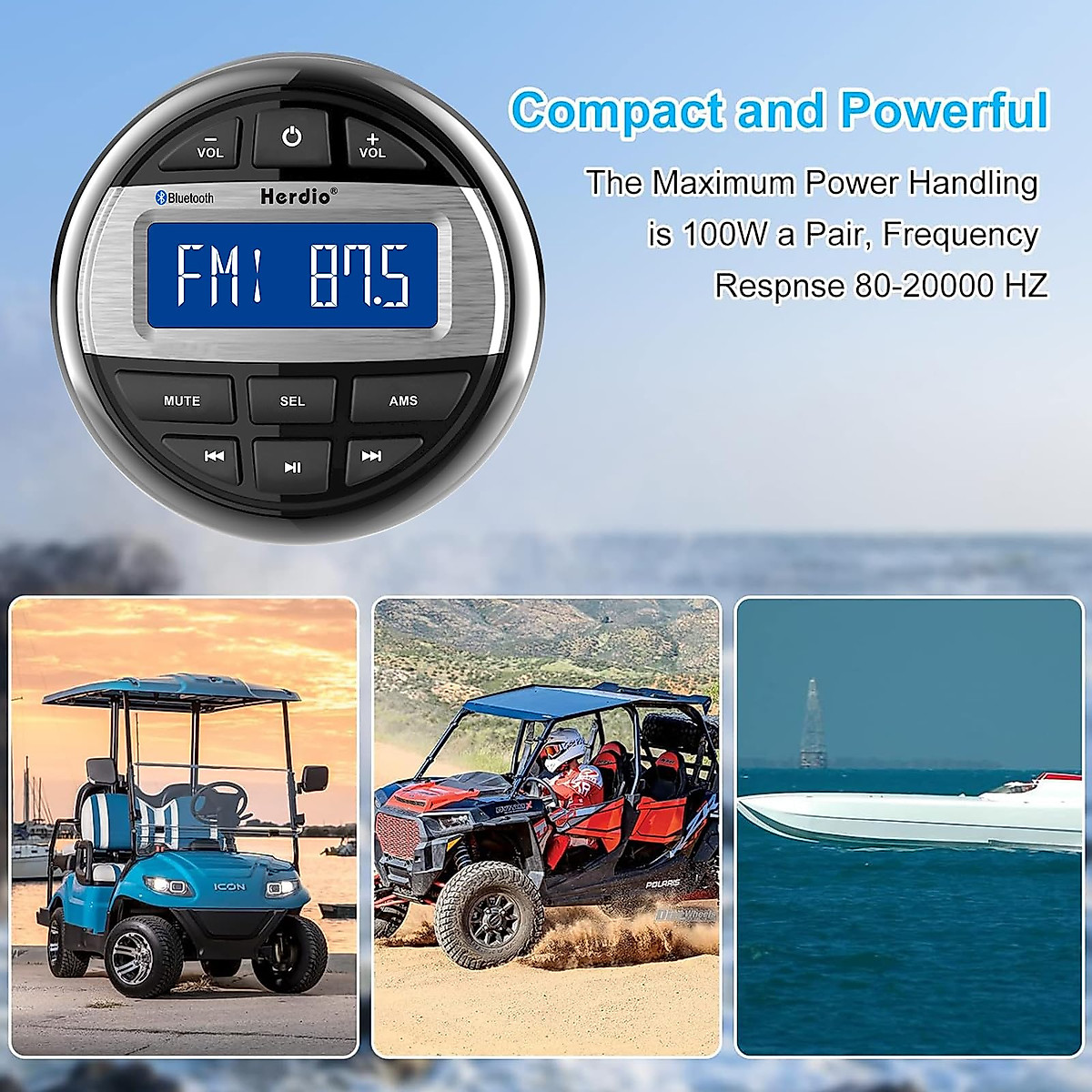 Herdio Marine Radio Package- IPX6 Receiver Compatible with Bluetooth, 1 Pair 4 Inch Marine Speakers, AM FM Antenna for Boat ATV UTV (Black)