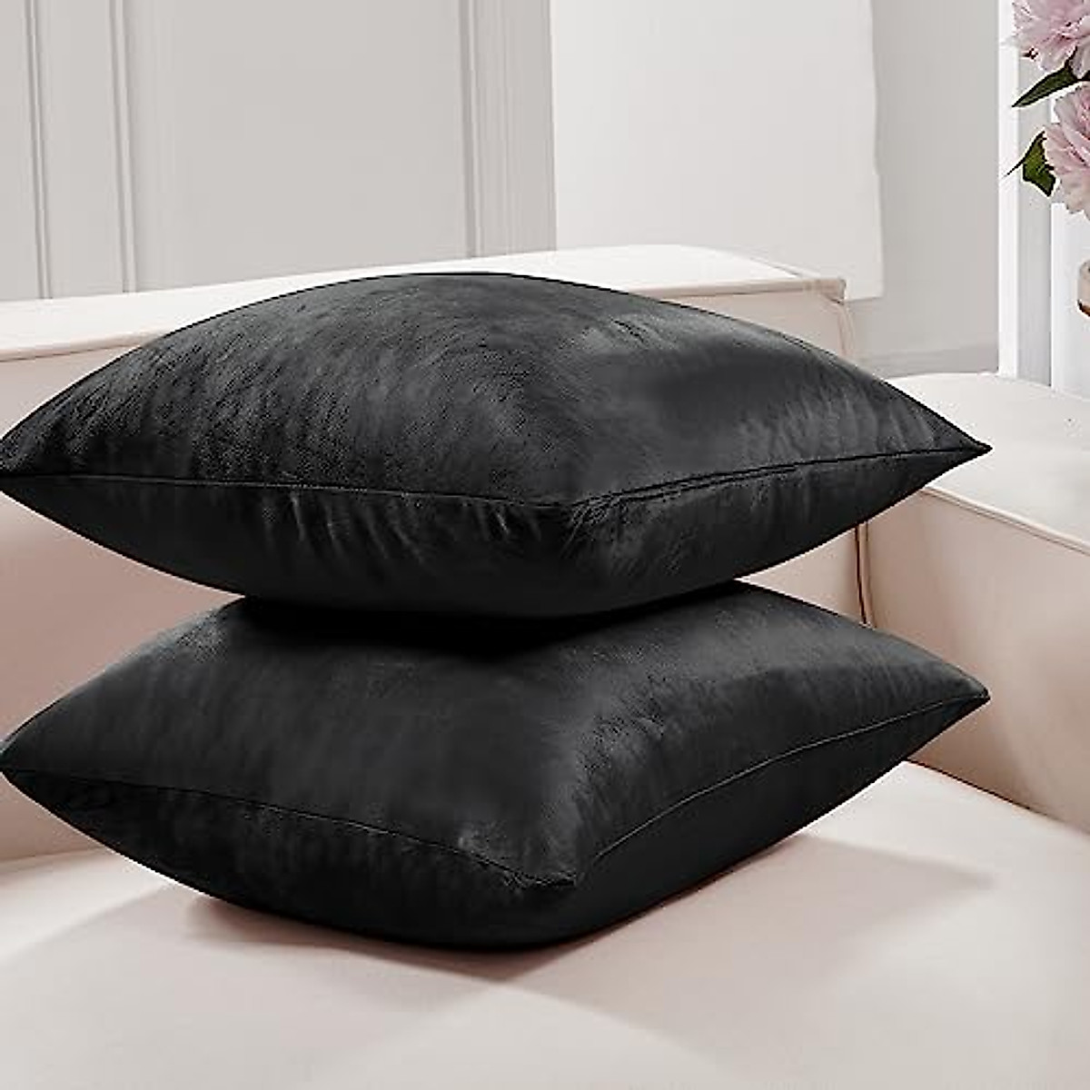 Deconovo Decorative Velvet Throw Pillow Covers for Couch 22x22 in Set of 2, Soft Square Black Cushion Cases for Sofa Living Room Bedroom Home Decor