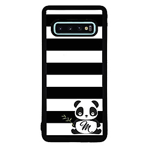 Panda Bear Personalized Initial Black Rubber Phone Case Compatible With Samsung Galaxy S23 S23+ Ultra S22 S22+ S21 S21FE S21+ S20FE S20+ S20 Note 20 S10 S10+ S10e