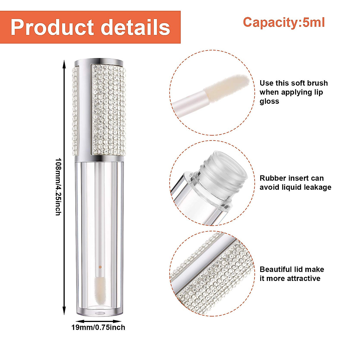 Patelai 12 Pieces Crystal Rhinestone Lip Gloss Tubes Empty Lip Gloss Bottles Refillable Rhinestone Lip Gloss Container Lip Balm Tubes Plastic Cosmetic Bottles with Rubber Inserts, 5 ml (Silver)