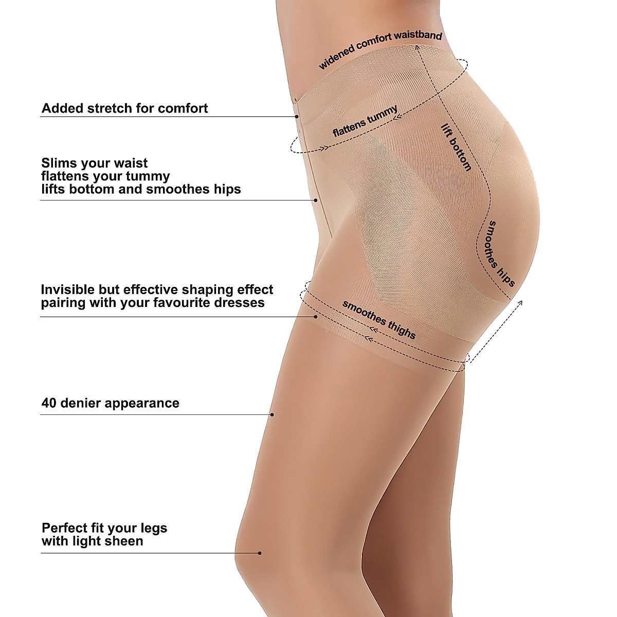 MANZI Control Top Pantyhose Sheer Skin Colored Tights for Women Tummy Control Stockings with Moderate Support Panty 40 Denier Run Resistant Quality Nylons(2 Natural Nude,XL)