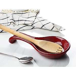 ONEMORE Ceramic Spoon Rest for Stove Top - Extra Wide Heat-Resistant Ladle Holder for Kitchen Counter Utensils/Tools - Large, Red