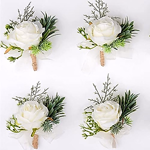 OUKEYI 4PCS Rose Flower Wrist Corsage Boutonniere Set, Handmade Artificial Corsage Set, Bride Hand Flower Wristlet Band Bracelet and Men Boutonniere for Wedding Party Prom Decorations (Corsage)